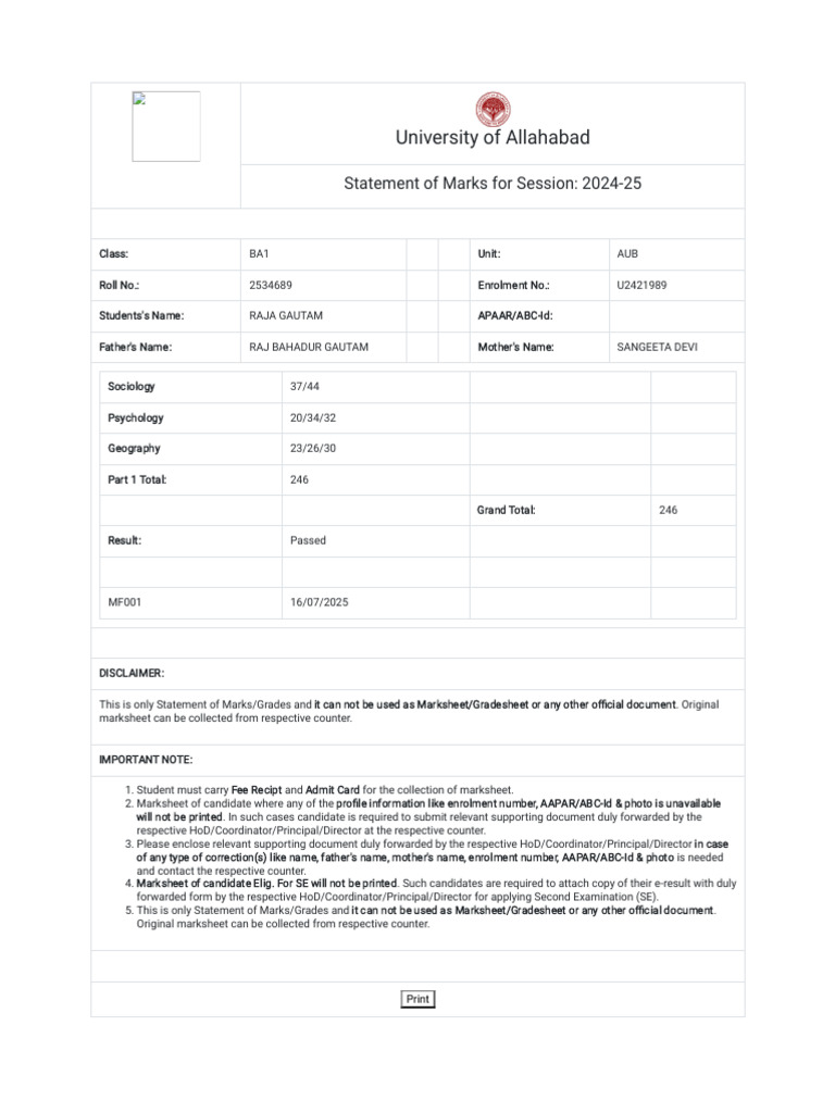 Statement of Marks - University of Allahabad (2) | PDF