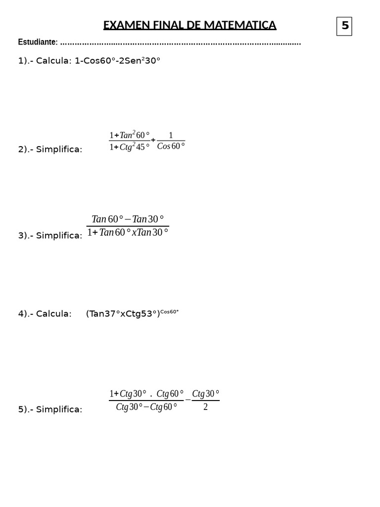 Examen Final de Matemáticas: Problemas y Cálculos | PDF