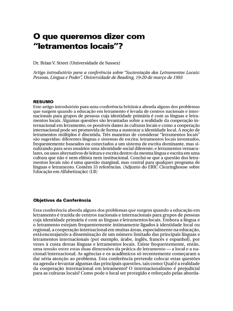 [Artigo] O Que Queremos Dizer Com 'Letramento Locais' (Brian Street) | PDF