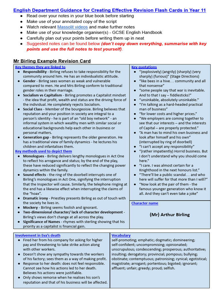 Year 11 English Revision Flash Cards | PDF