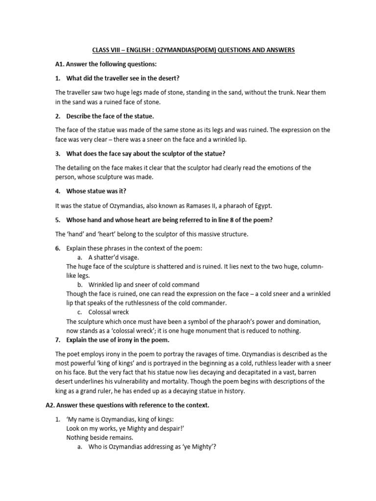 Ozymandias Poem Q&A for Class VIII | PDF | Sculpture