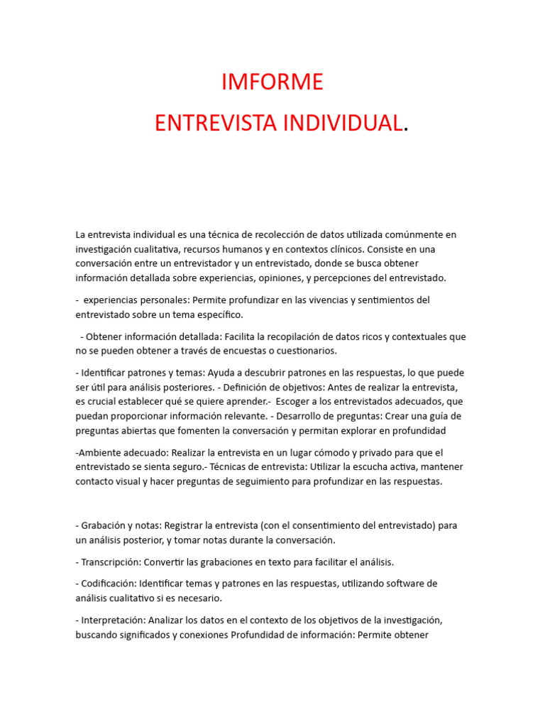 Imforme de Entrevista Individual | PDF | Datos | Cuestionario