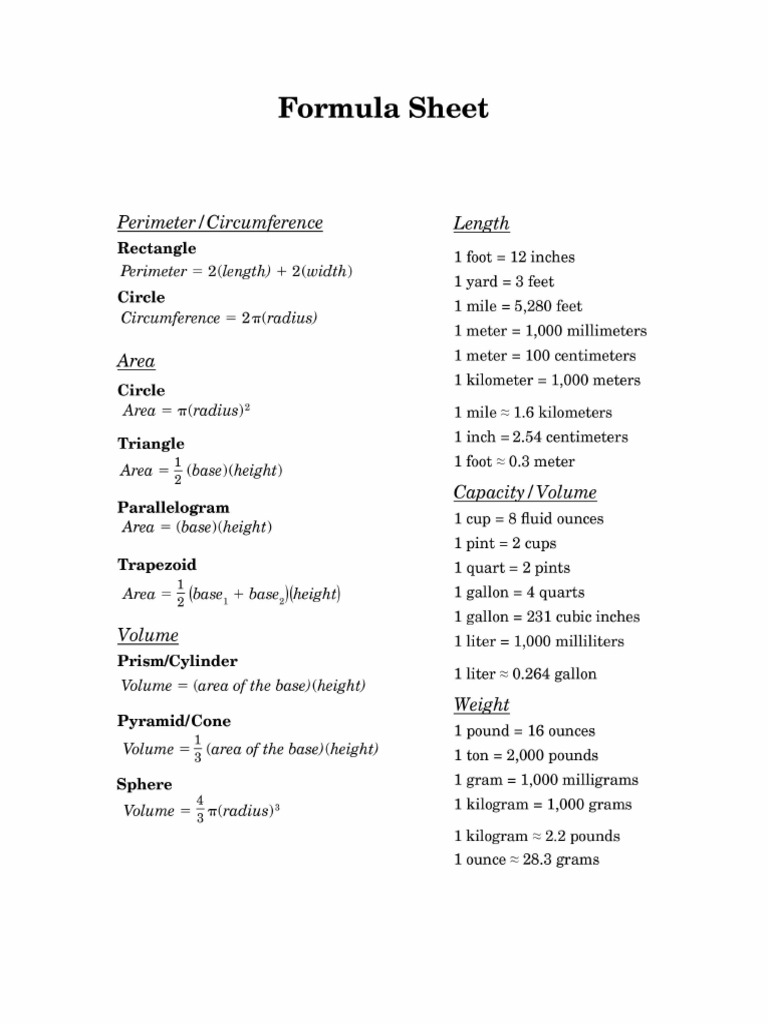 HiSET Mathematics Formula Sheet | PDF