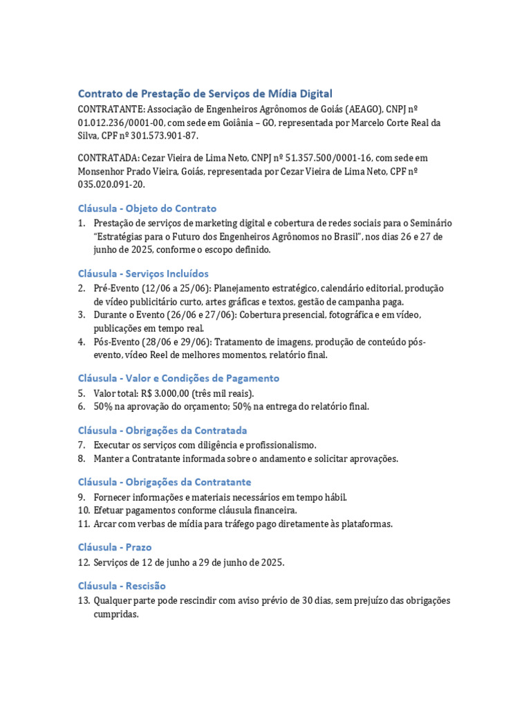Contrato Prestacao Servicos AEAGO | PDF