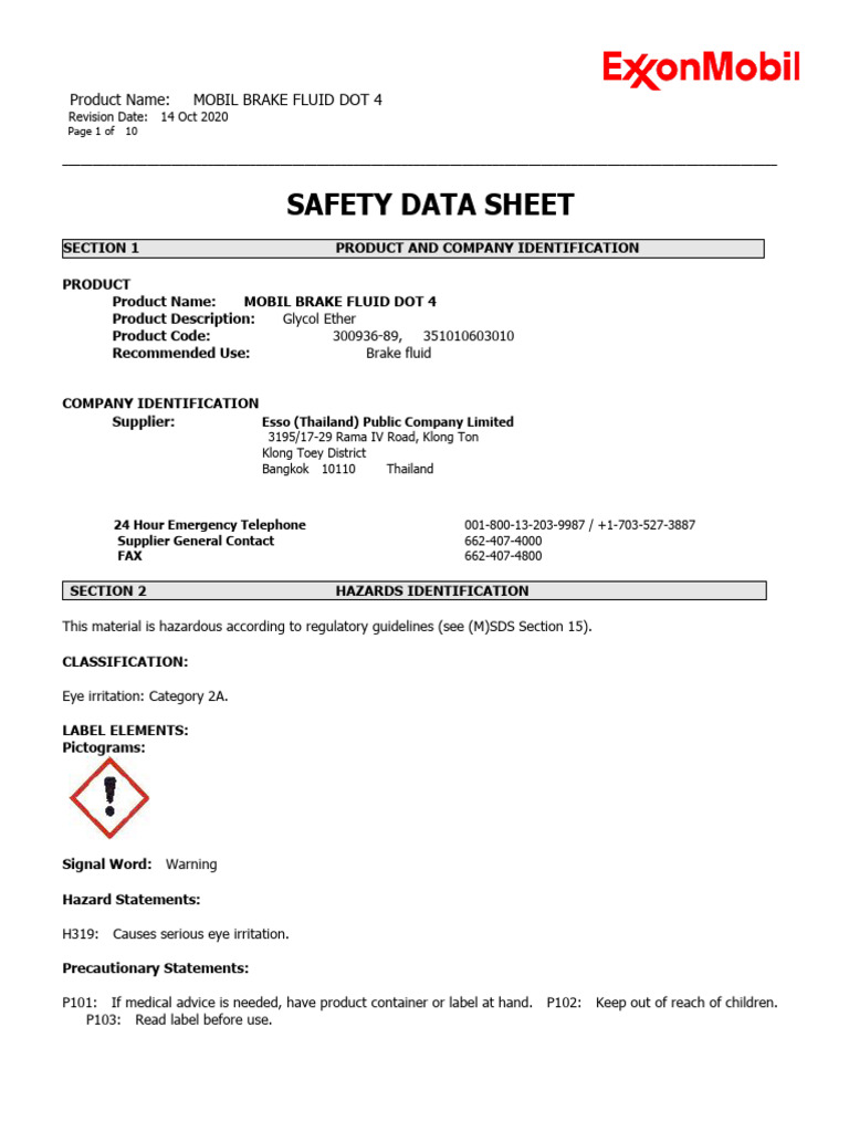 MOBIL BRAKE FLUID DOT 4 (ENG) MSDS | PDF | Toxicity | Hazards