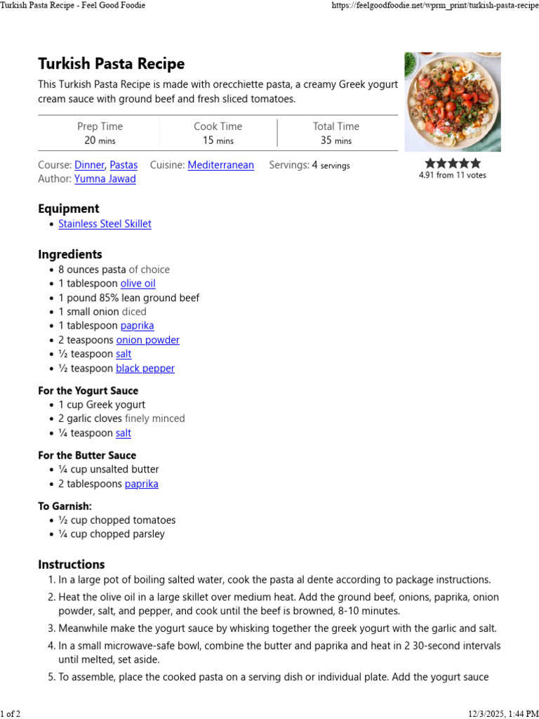 Turkish Pasta Recipe - Feel Good Foodie | PDF | Pasta | Turkish Cuisine