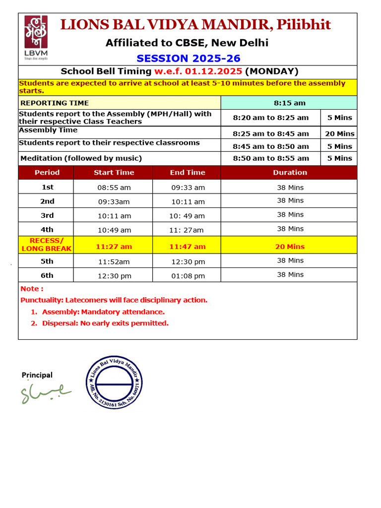School Bell Timing for LIONS BAL VIDYA MANDIR | PDF