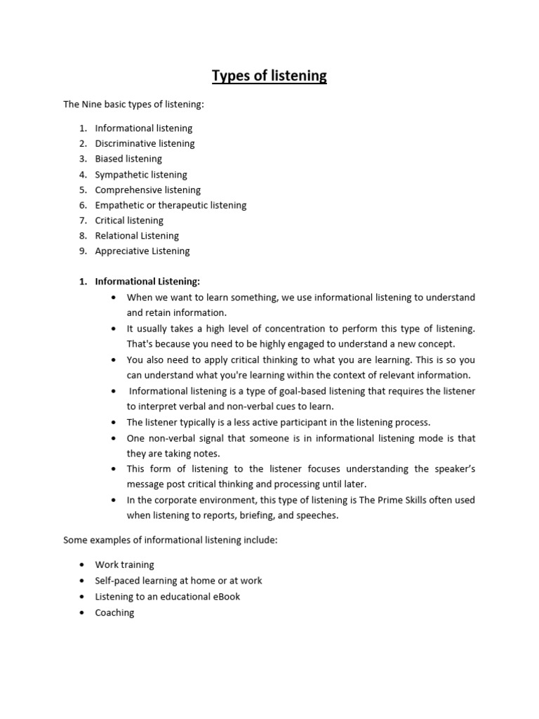 Nine Types of Listening Explained | PDF | Thought | Nonverbal Communication