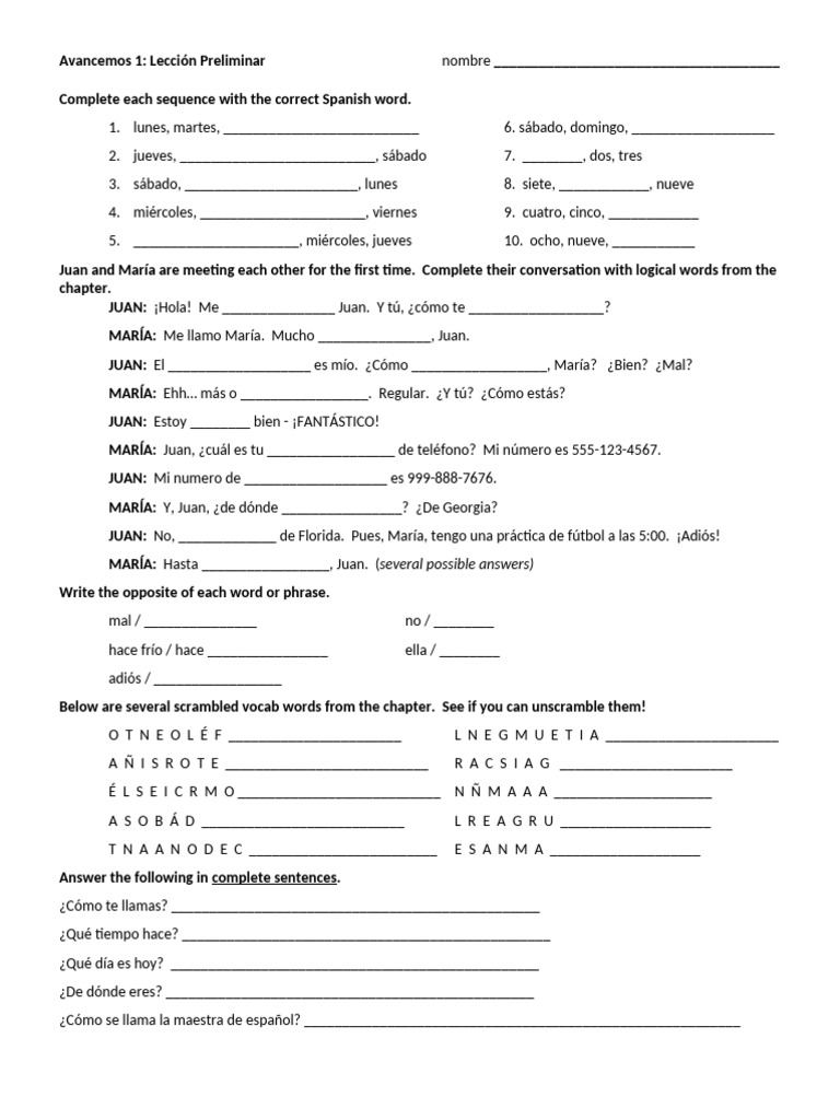 Avancemos1LeccinPreliminarVocabpracticeworksheethomeworkreview-1 | PDF