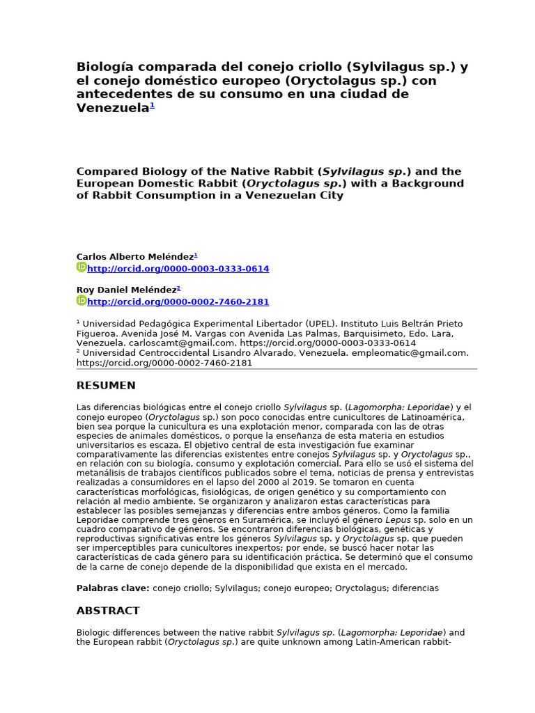 Biología del conejo criollo y europeo | PDF | Carne | liebre