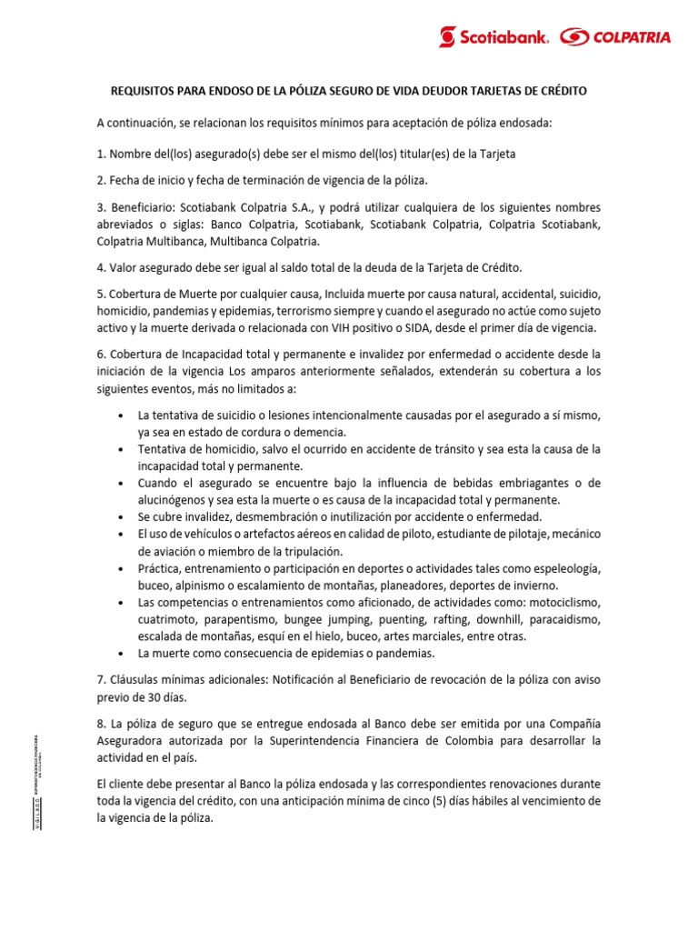 Requisitos Endoso Póliza Seguro Vida Deudor | PDF | Póliza de seguros ...