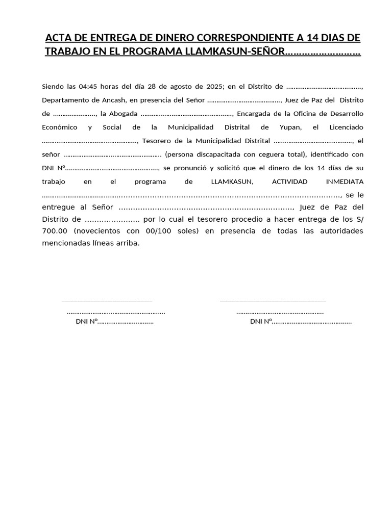 Acta de Entrega de Dinero | PDF