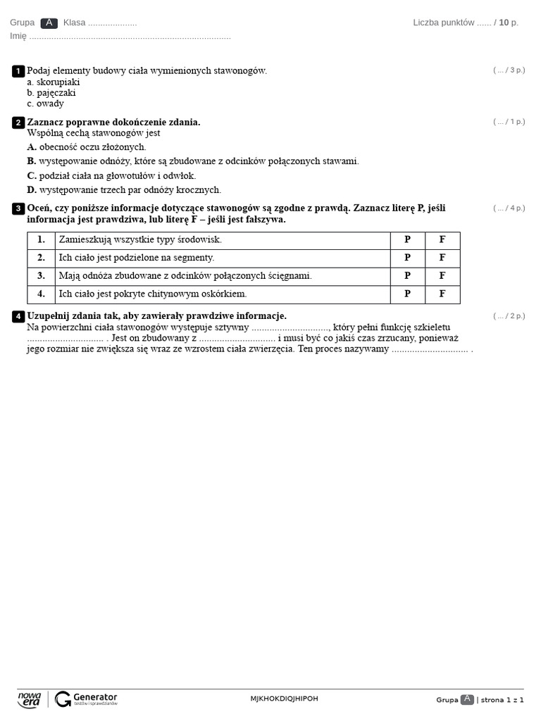 3 - 1 - Cechy - Stawonogow Test (Z Widoczną Punktacją) | PDF
