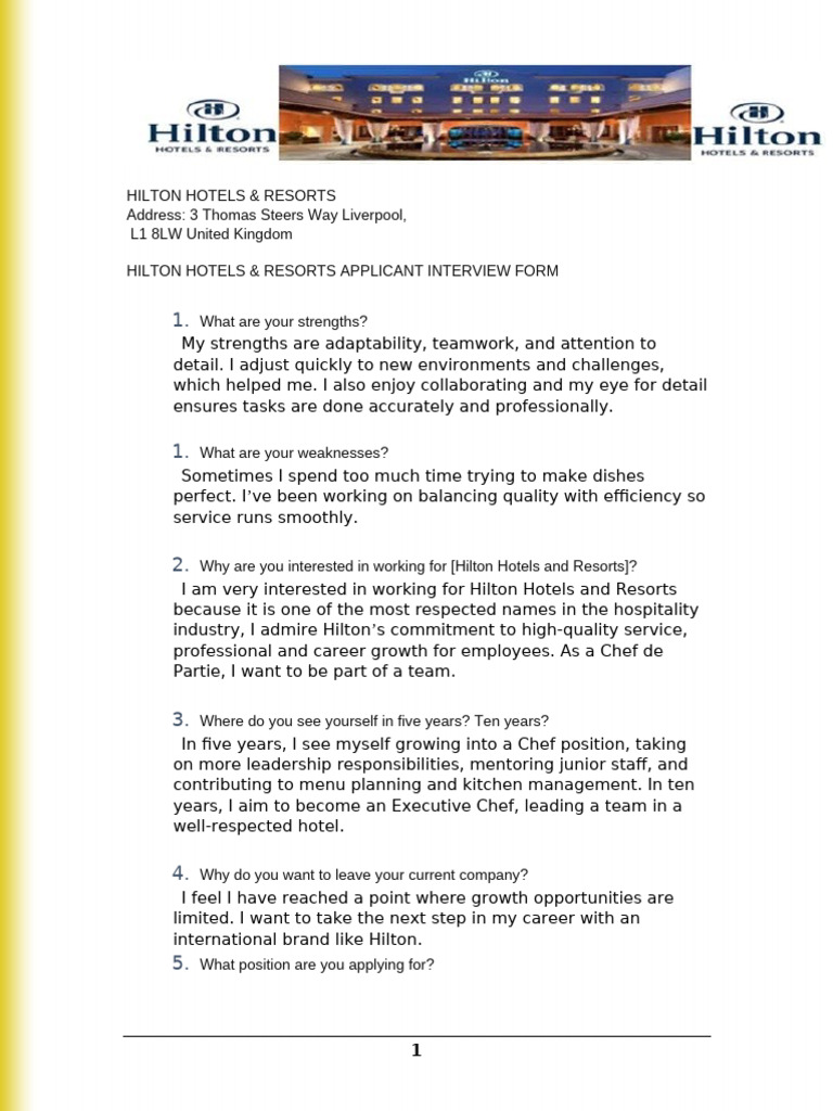 Hilton Interview Sheet (1) 2 | PDF | Chef