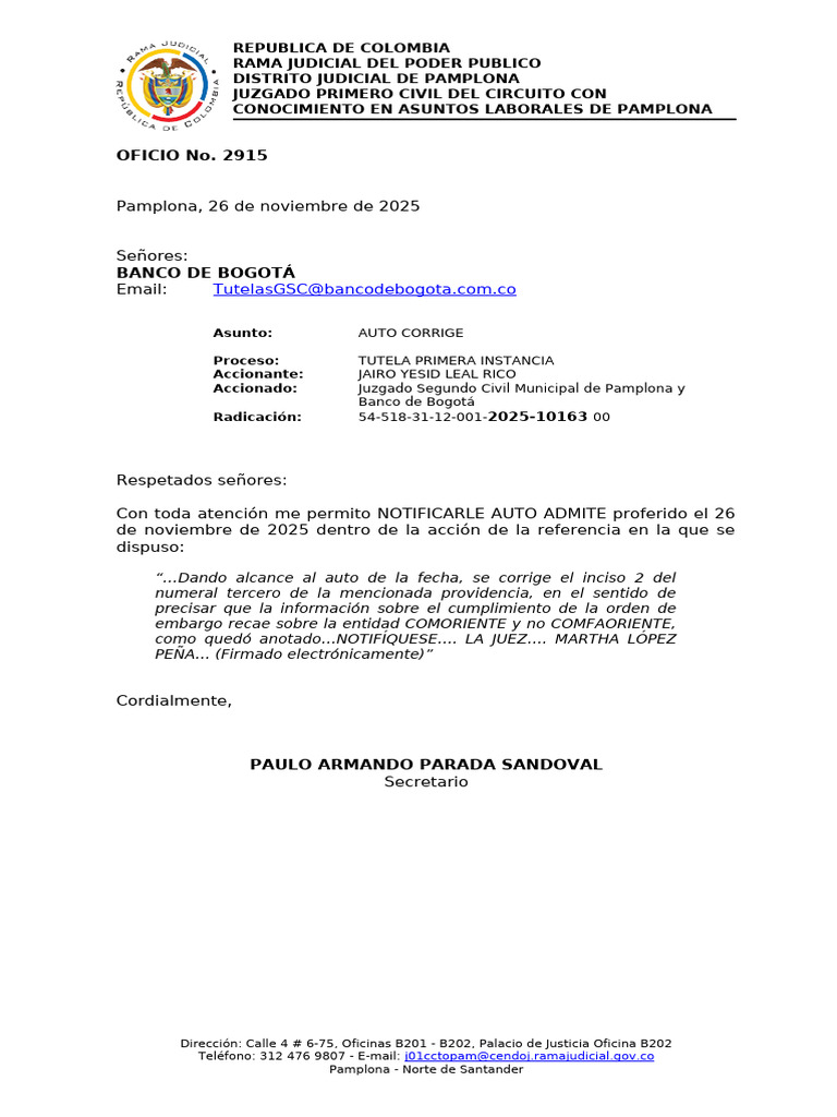 Oficio 2915 Banco de Bogota | PDF