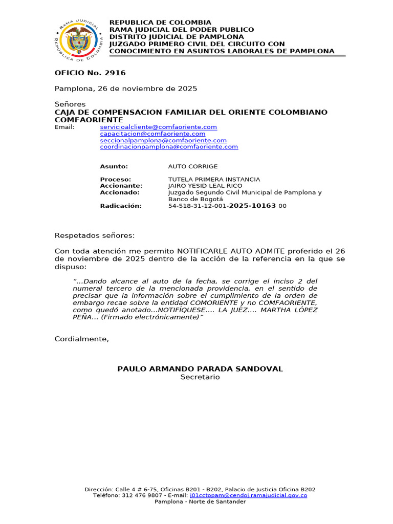 Oficio 2916 Comfaoriente | PDF