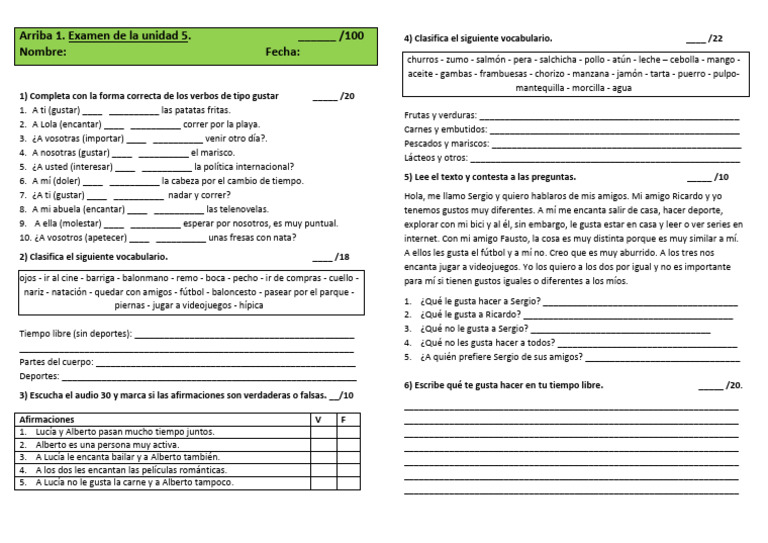 Arriba 1 - Unidad 5 - Examen B | PDF | Alimentos | Cocina