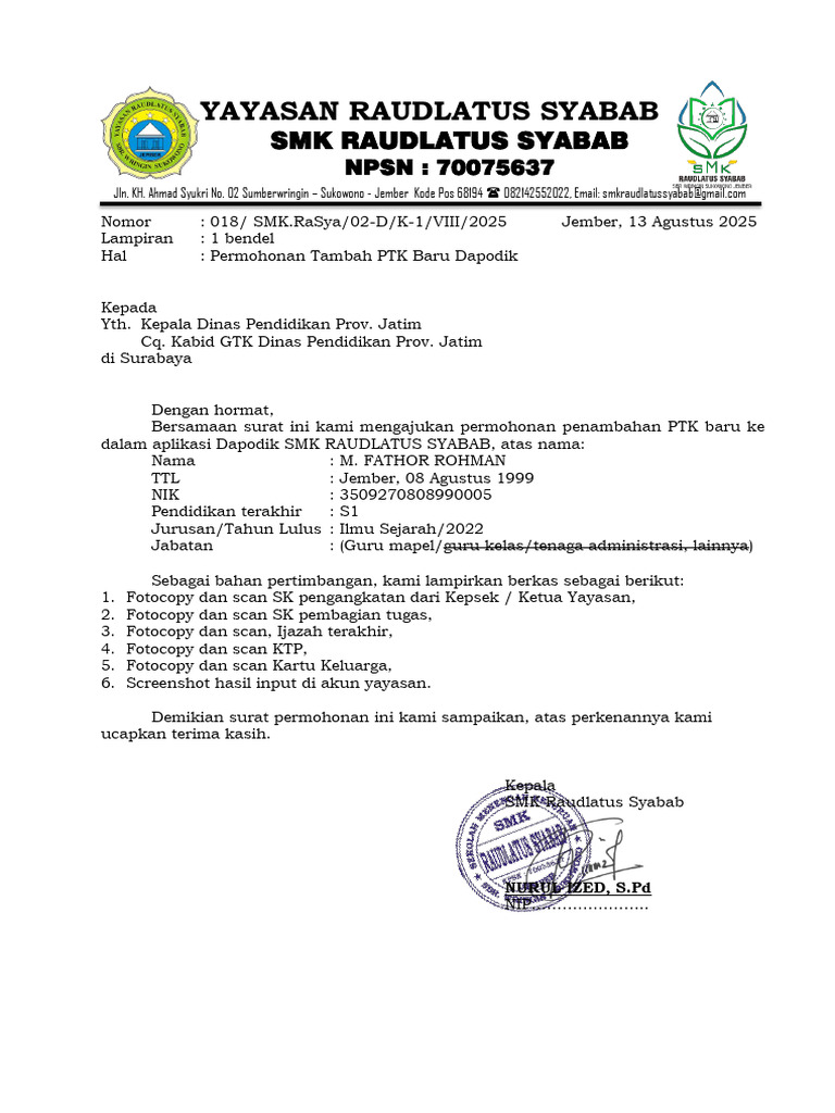 Surat Permohonan Tambah PTK Baru FATHUR ROHMAN | PDF