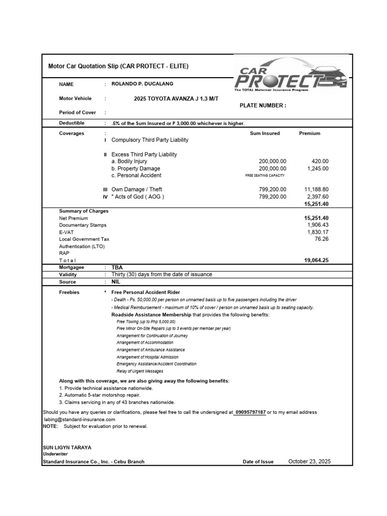 2025 Toyota Avanza Insurance Quotation | PDF | Insurance | Liability ...