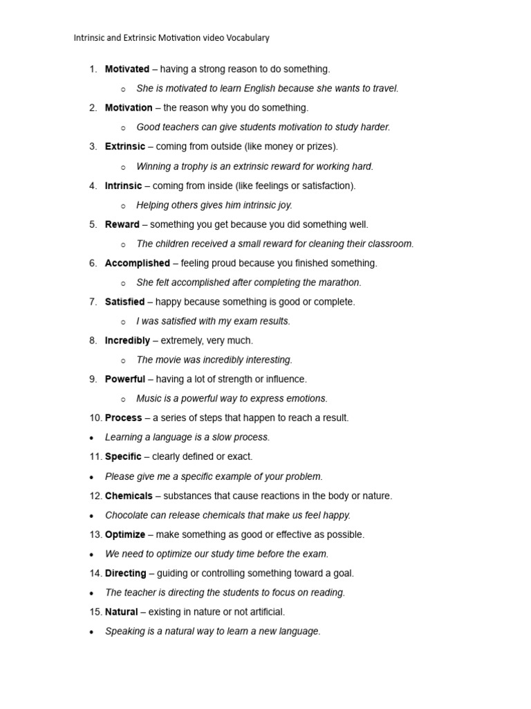 Extrinsic and Intrinsic Motivation Video Vocabulary | PDF ...
