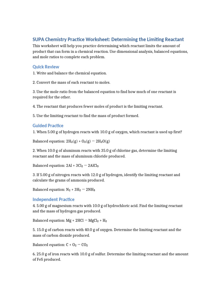 Limiting Reactant Practice Worksheet | PDF | Mole (Unit) | Stoichiometry