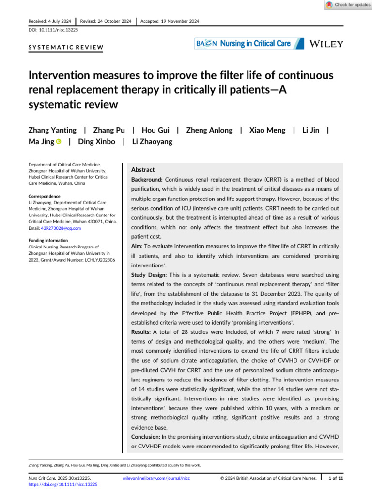 Nursing in Critical Care - 2024 - Yanting - Intervention Measures to ...