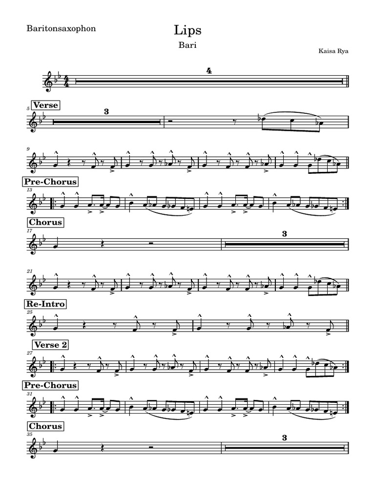 Baritone Saxophone Transcription – LIPS by Kaisa Rya | PDF | Songs ...
