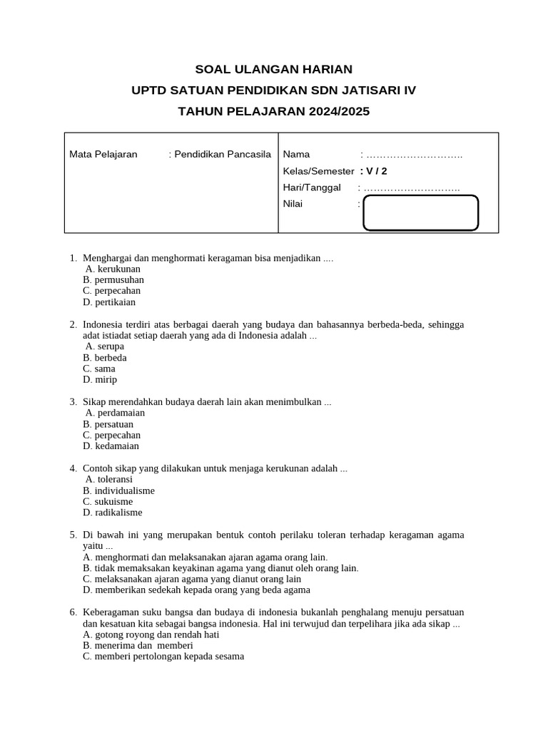 Soal Ulangan Harian Kelas 5 | PDF