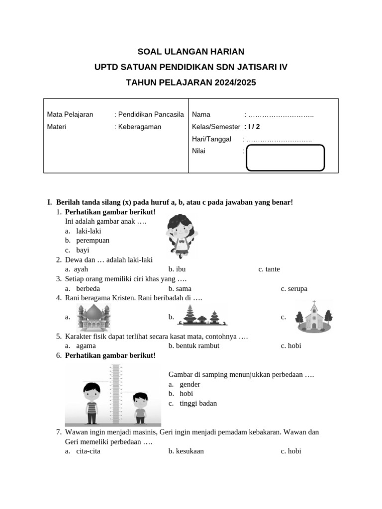 Soal Ulangan Harian PPKn Kelas 1 | PDF