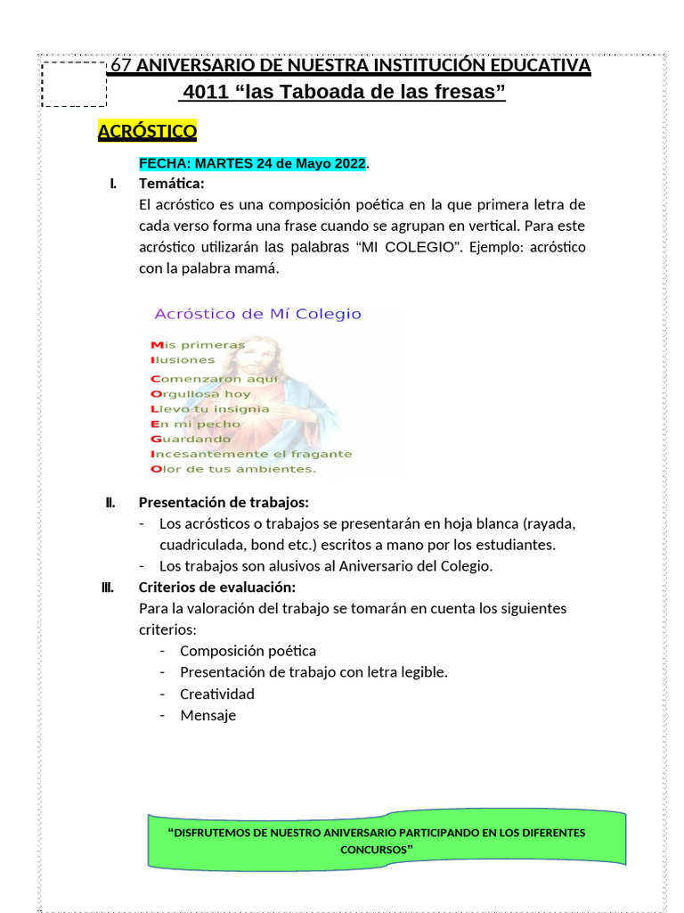 Acróstico para el Aniversario Escolar | PDF