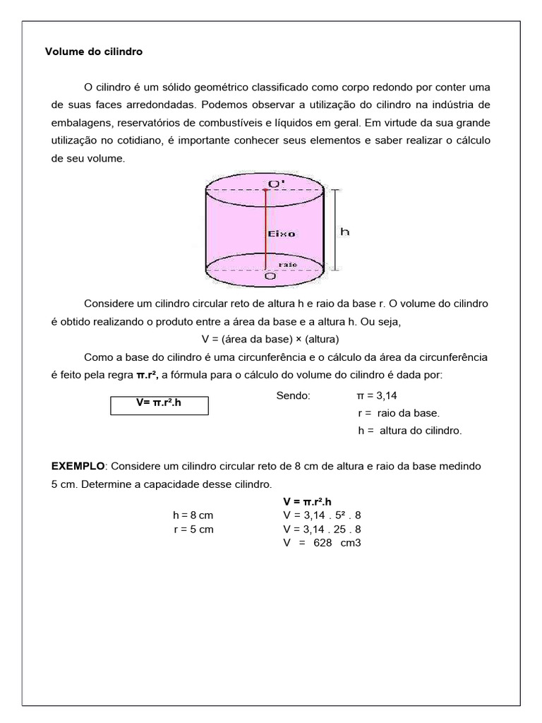 Cálculo do Volume do Cilindro: Exemplos e Fórmulas | PDF