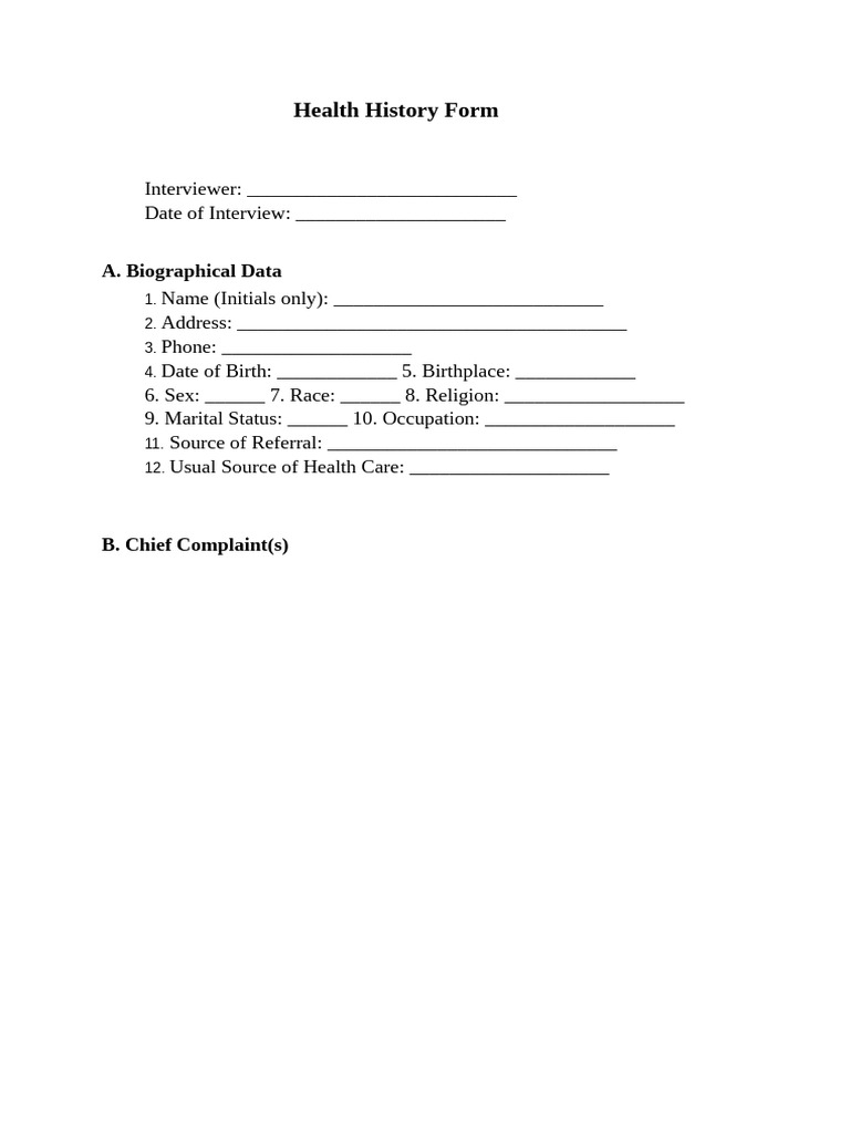 Comprehensive Health History Form | PDF | Cardiovascular Diseases ...