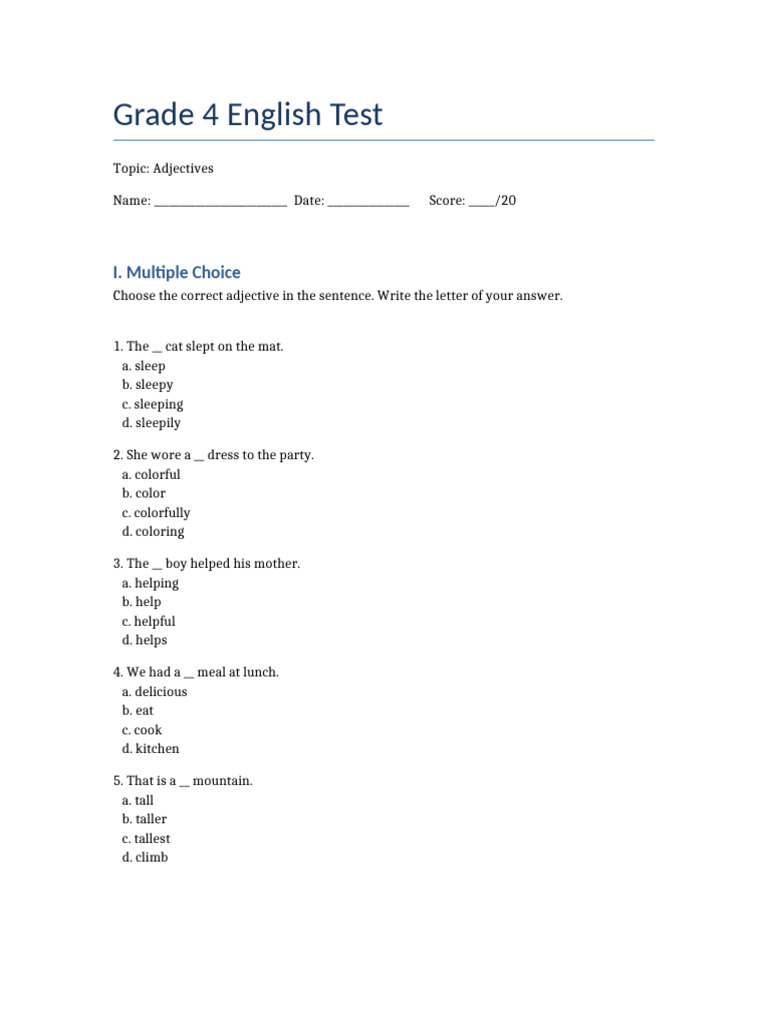 Grade 4 Adjective Test Worksheet | PDF