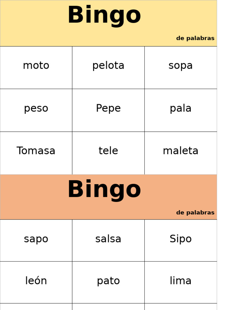 Bingo de Palabras Letra m, s, p, l y t | PDF
