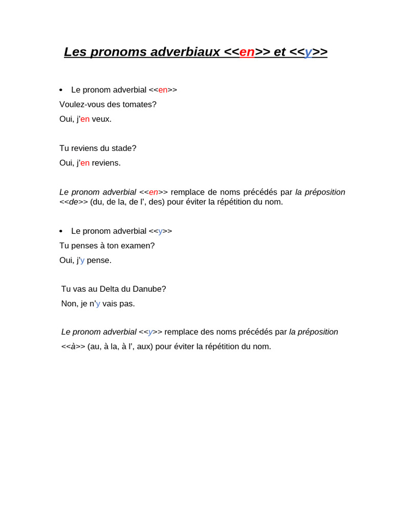 Utilisation des pronoms "en" et "y" | PDF