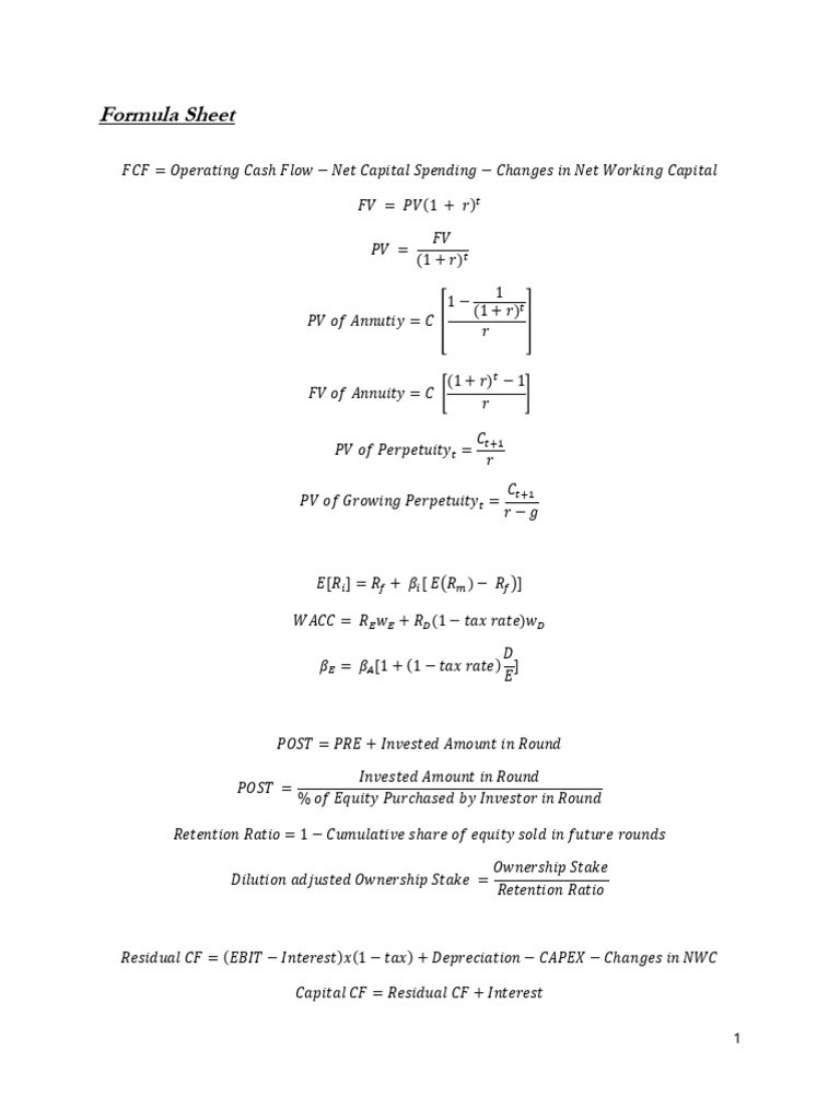 Financial Formula Reference Sheet | PDF