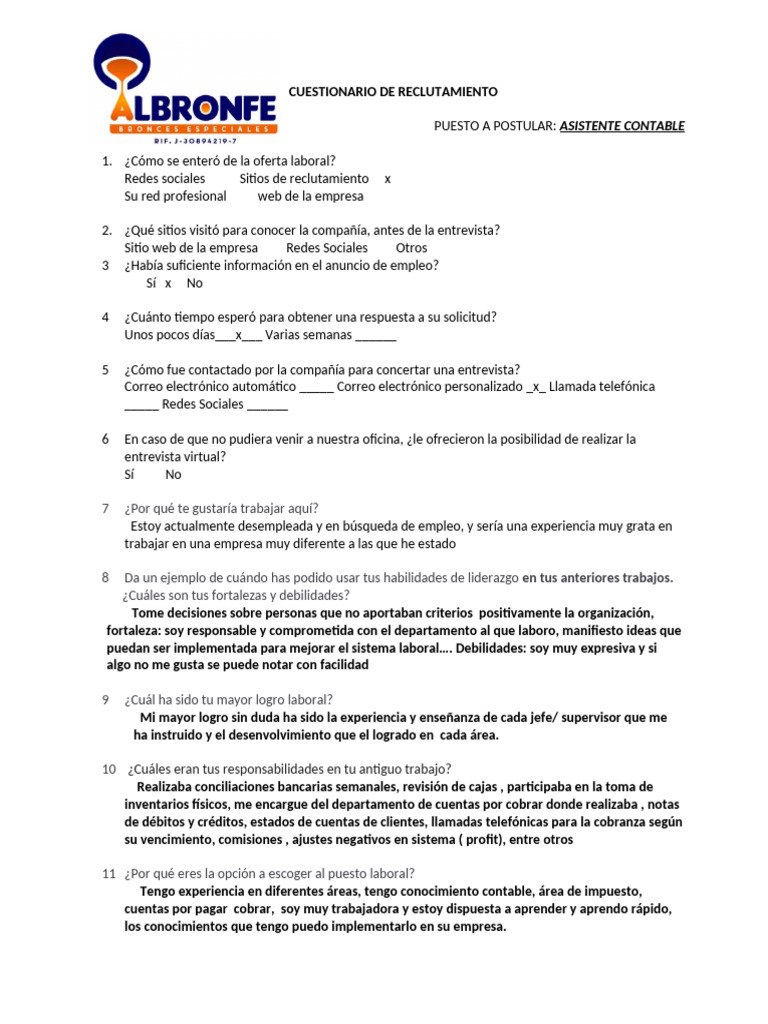 Cuestionario Reclutamiento Asist. Contable 2 | PDF | Microsoft Excel ...