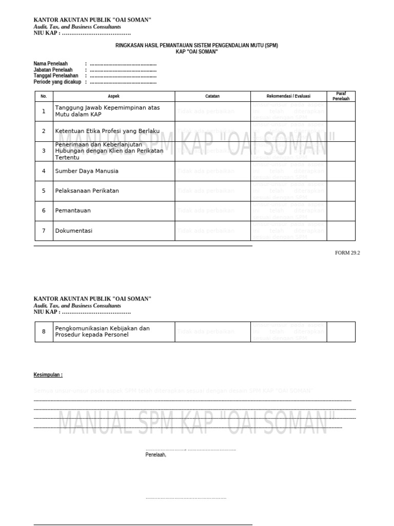 Form 29.2 - Lembar Ringkasan Hasil Pemantauan SPM | PDF