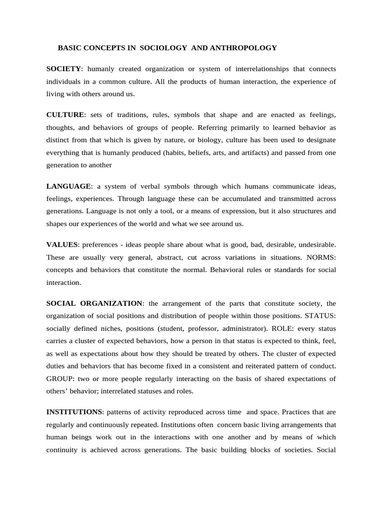 Key Concepts in Sociology and Anthropology | PDF | Society | Social ...