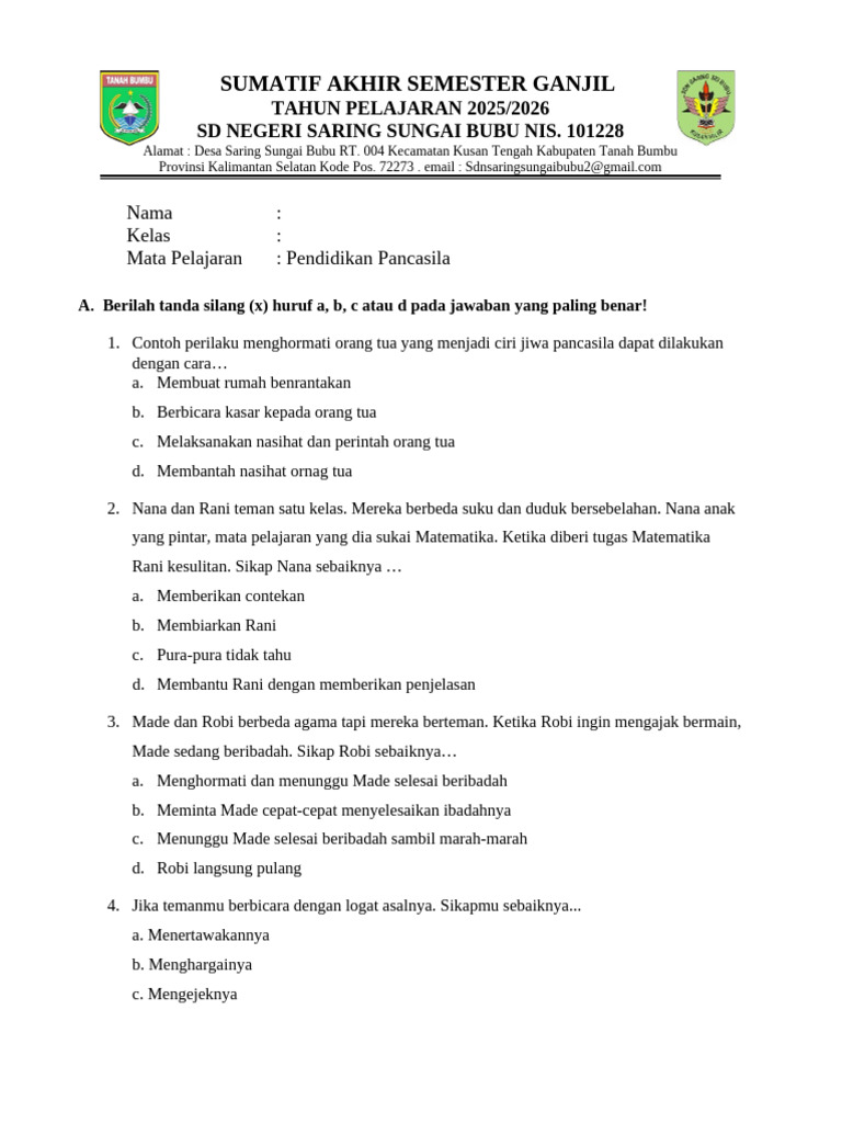 SOAL Pendidikan Pancasila Kelas 5 | PDF