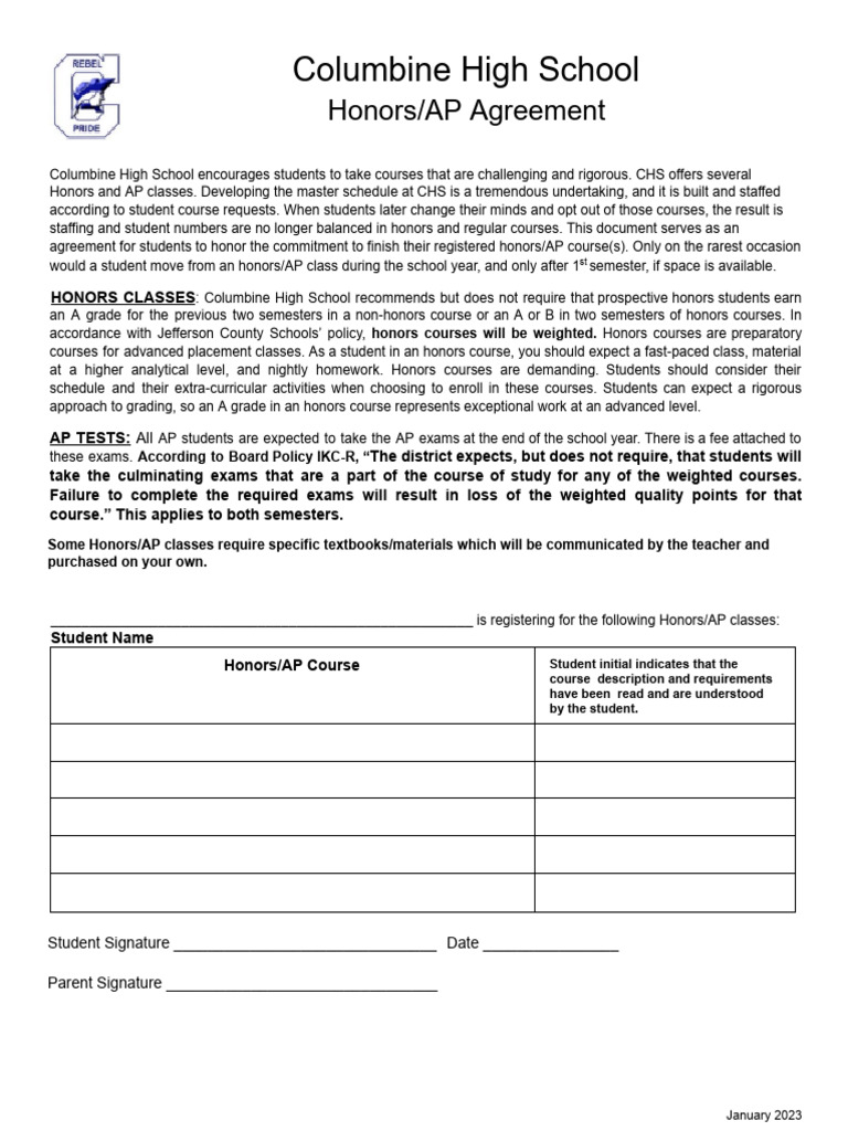 Columbine High School Honors/AP Agreement | PDF