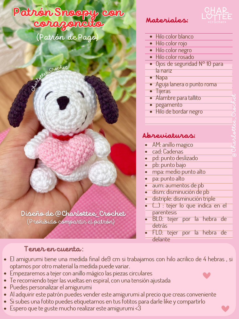 Patrón Amigurumi Snoopy con Corazón | PDF | Amigurumi | Tejer