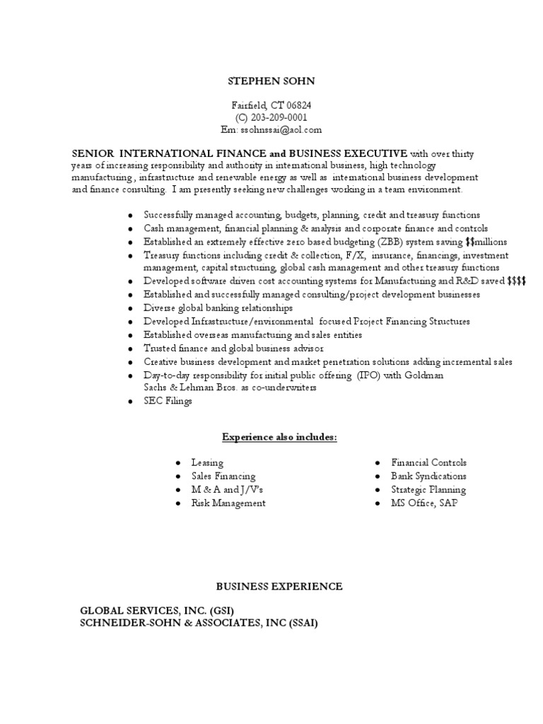 Director International Business Finance in NYC Resume Stephen Sohn ...