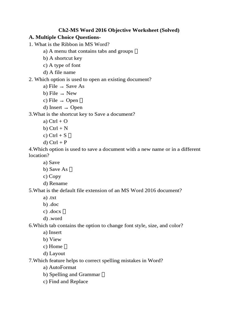 Class 3- Worksheet Ch2 MS Word 2016 | PDF