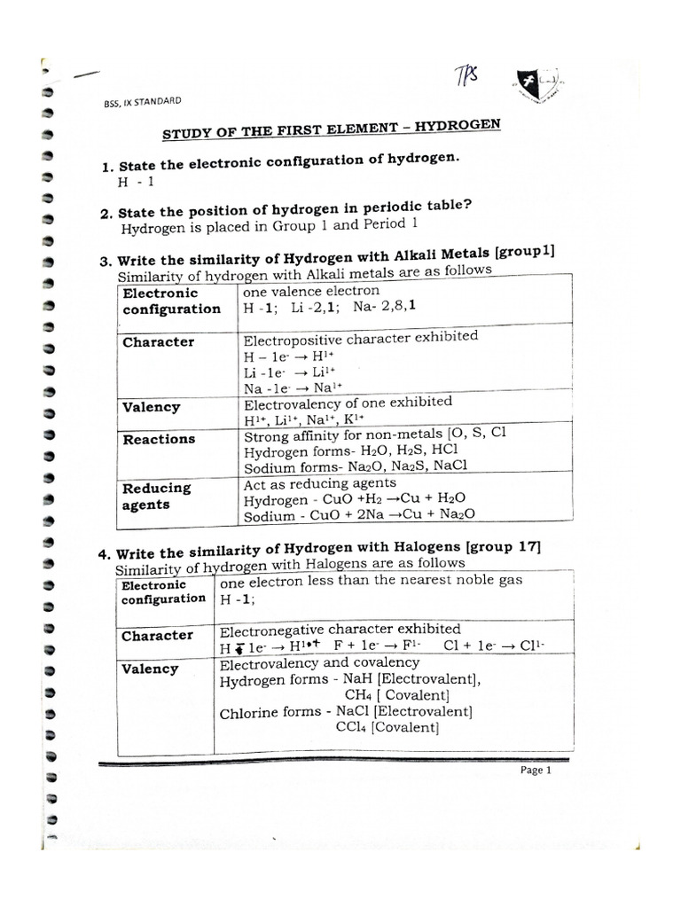 Chemistry Study of The First Element - HYDROGEN Notes 9th | PDF