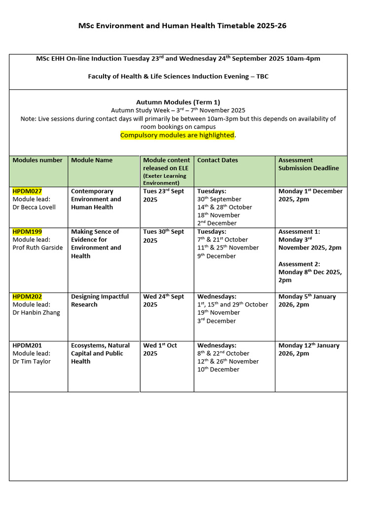 MSc Environment and Human Health Timetable 2025-26 | PDF