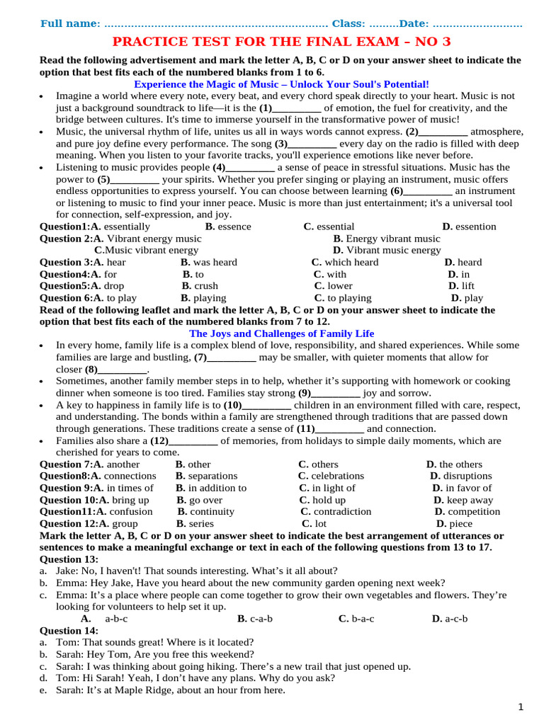 Final Exam Practice Test: Music & Family Life | PDF | Conservation ...