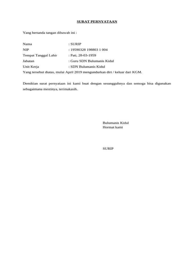 Surat Pernyataan Pengunduran Diri Guru | PDF