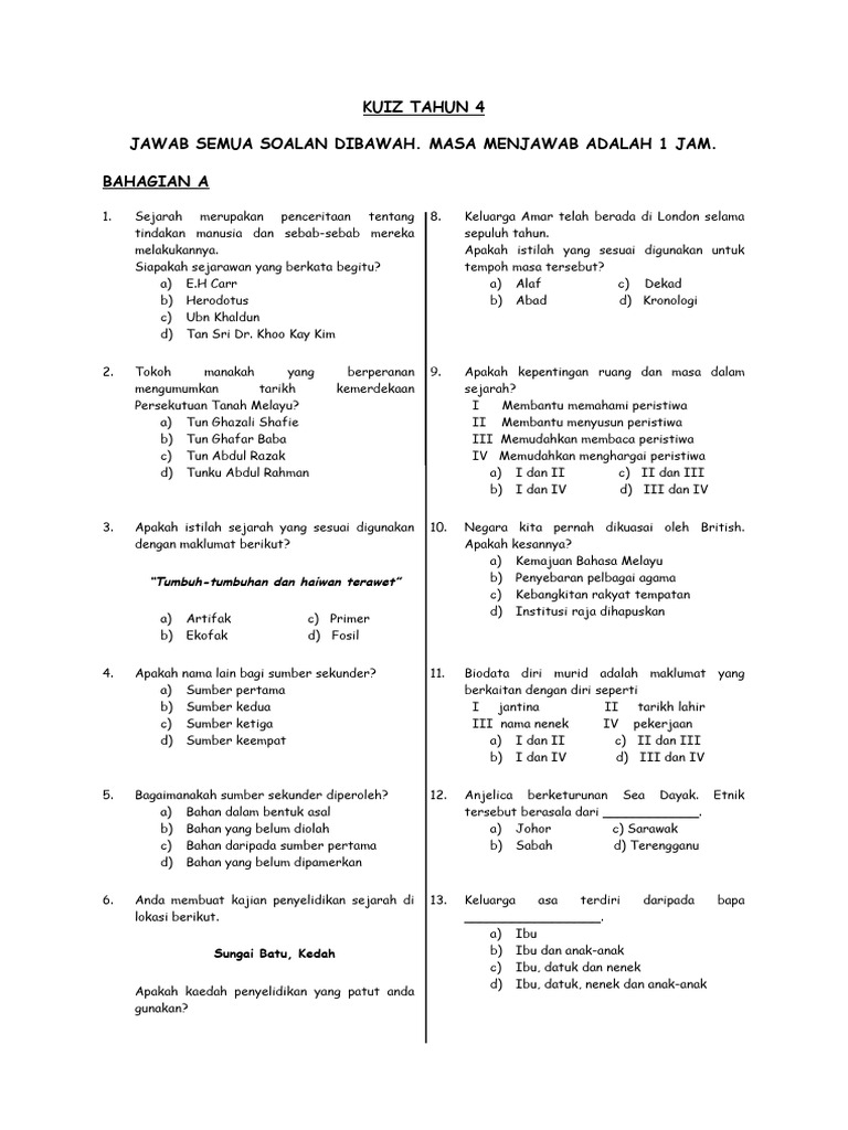 Kuiz-Sejarah-Tahun-4-1 | PDF