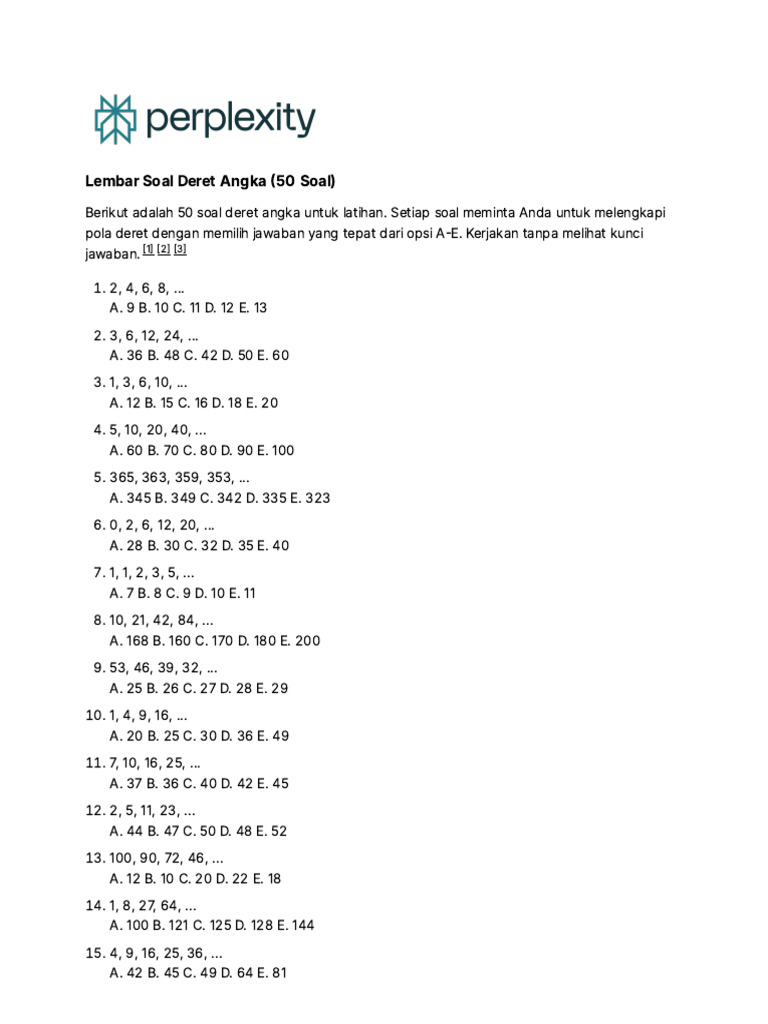 50 Soal Deret Angka untuk Latihan | PDF